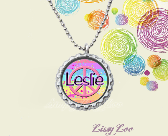 Girly Peace Sign Personalized Bottle Cap Necklace on Luulla